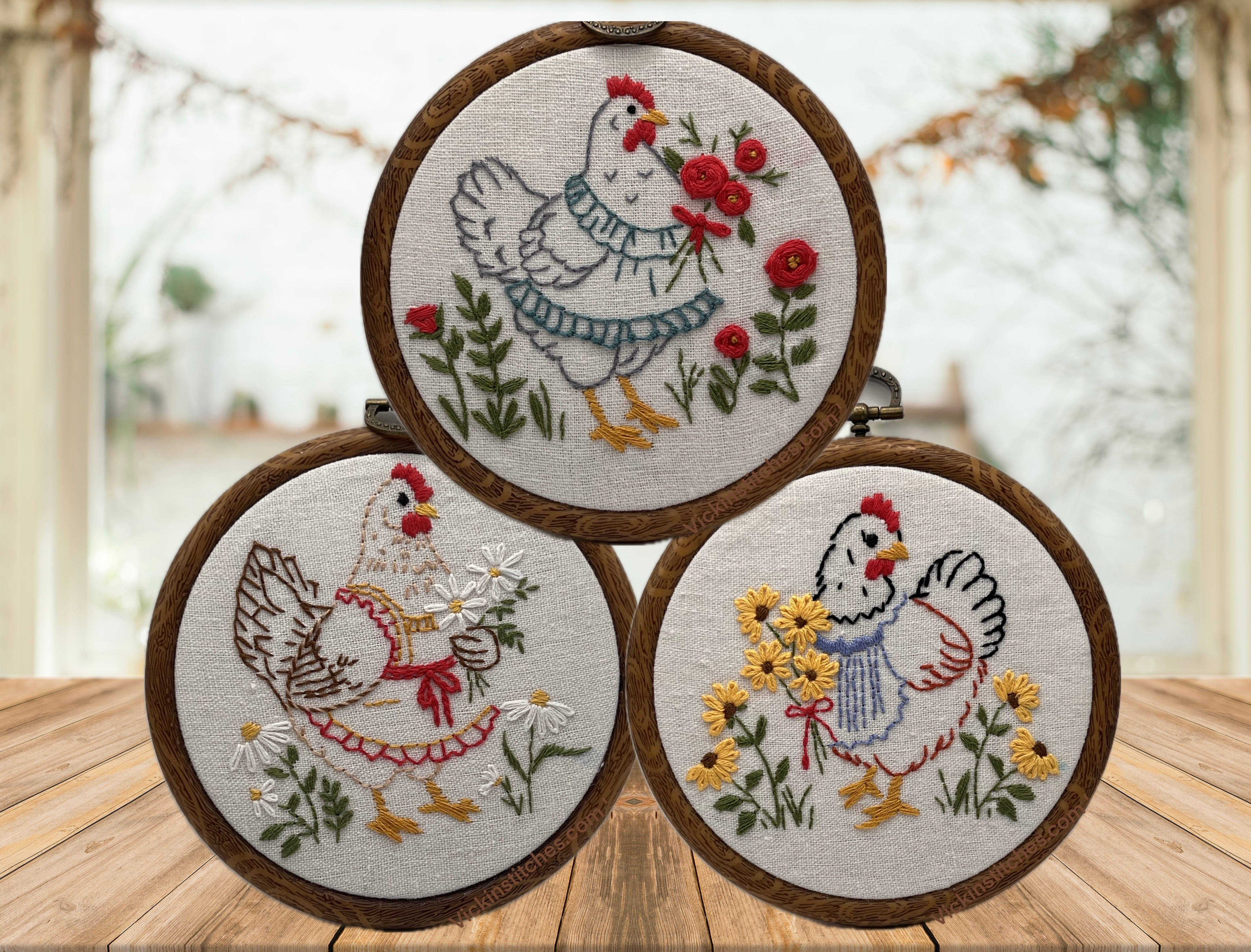 3-Piece Chicken Hand Embroidery Pattern – Farmhouse Hen Wall Art for B ...
